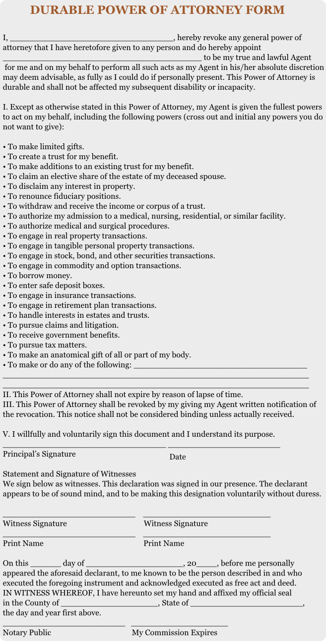 Printable Durable Power Of Attorney Form Printable Forms Free Online